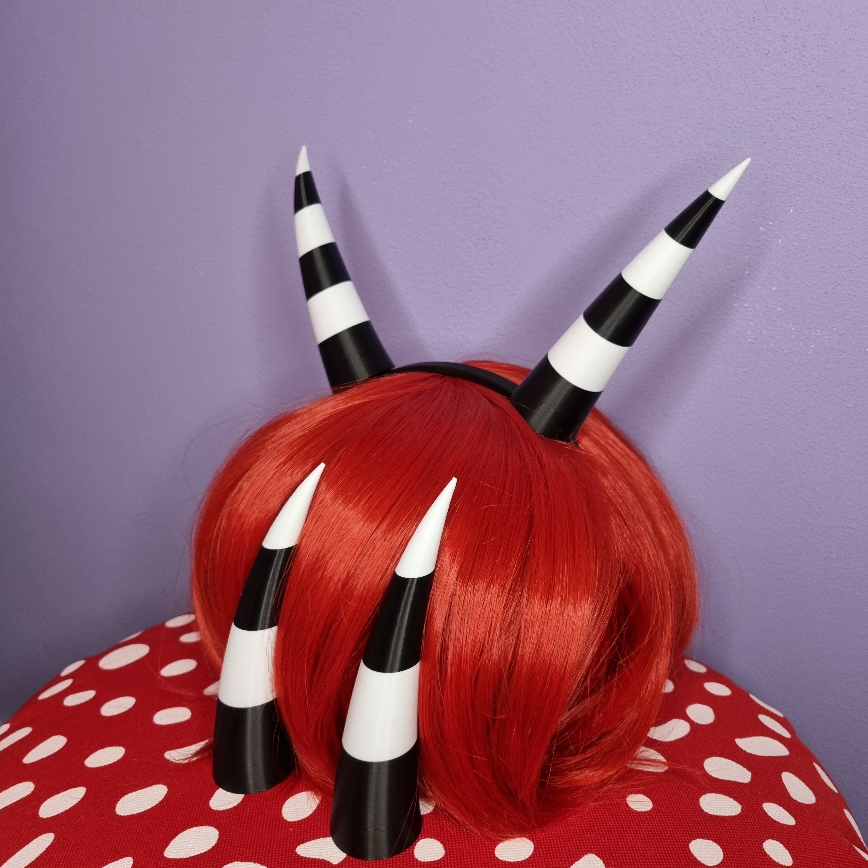 Pair of imp horns (black & white stripes) – Spicy Cat Crafts